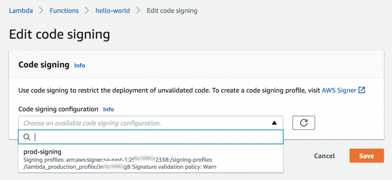 How to Configure Code Signing for AWS Lambda?